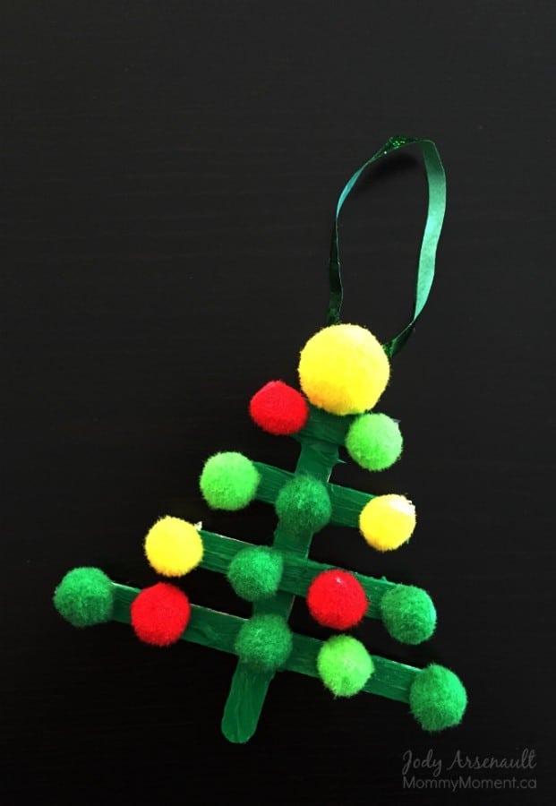 Popsicle Stick Christmas Tree Ornament with Pom Poms - Mommy Moment